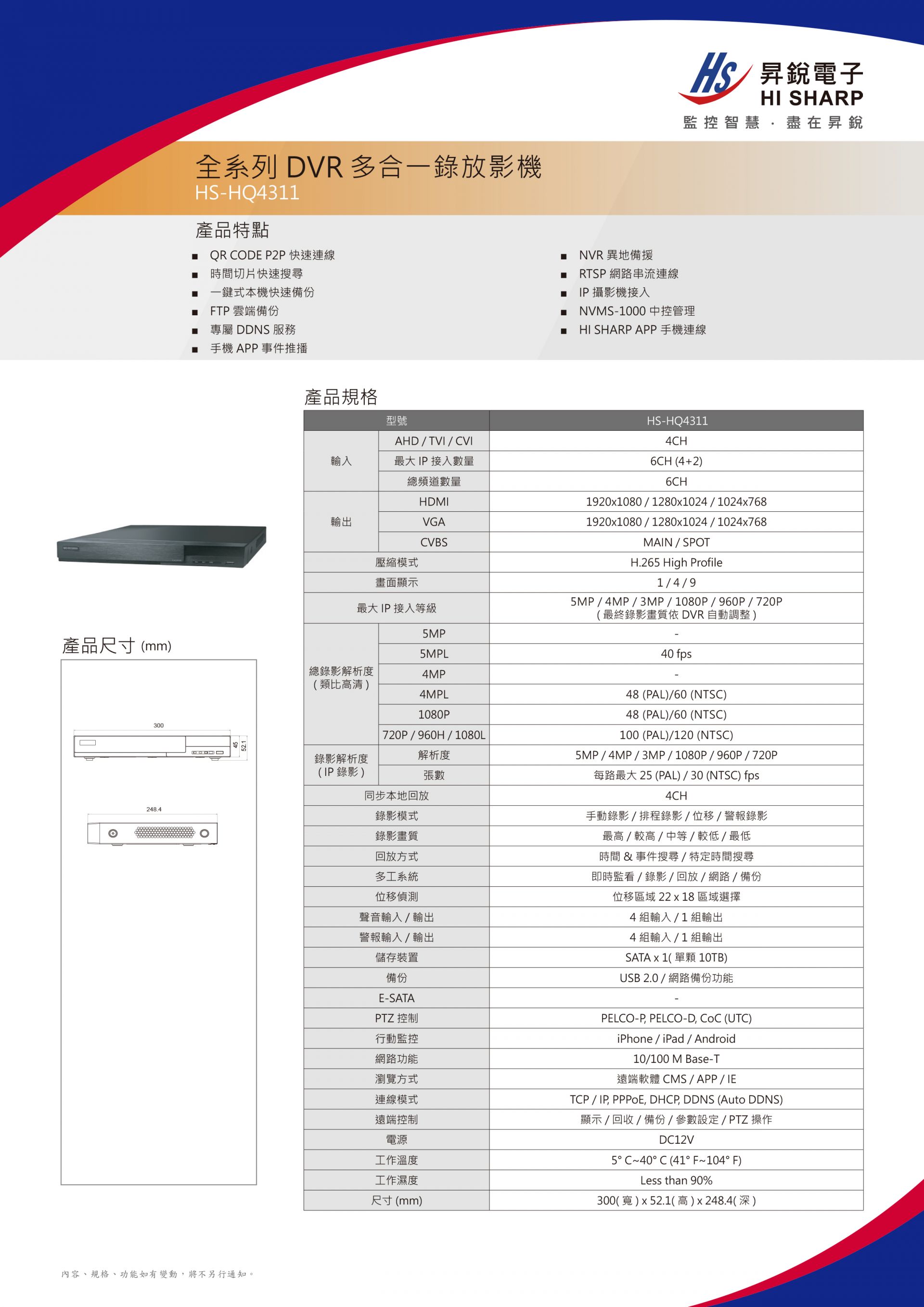 HS-HQ4311 4路 DVR 多合一錄放影機-監視器系統-推薦瑞暘科技有限公司